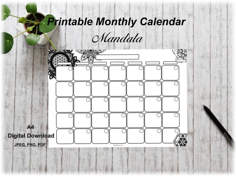 Printable Monthly Calendar Bundle, Mandala Calendar, Undated, Desk ...