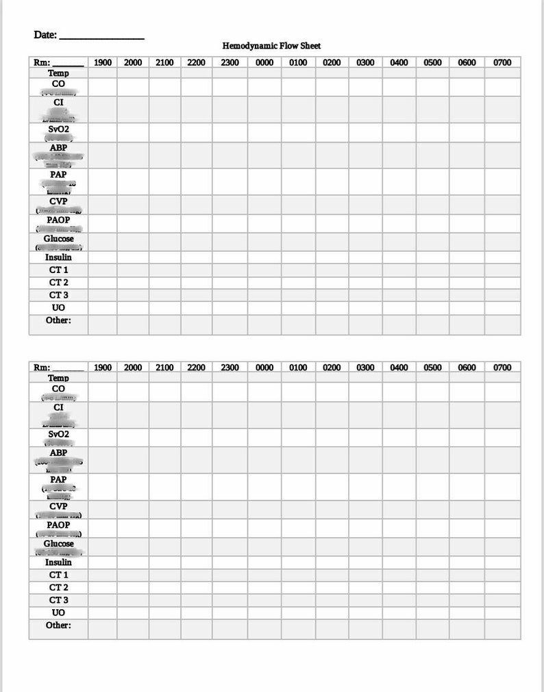 Hemodynamic Nursing Flow Sheet - Etsy