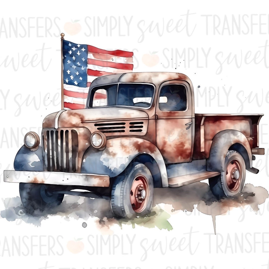 Vintage Truck With American Flag Watercolor - Ready to Press ...