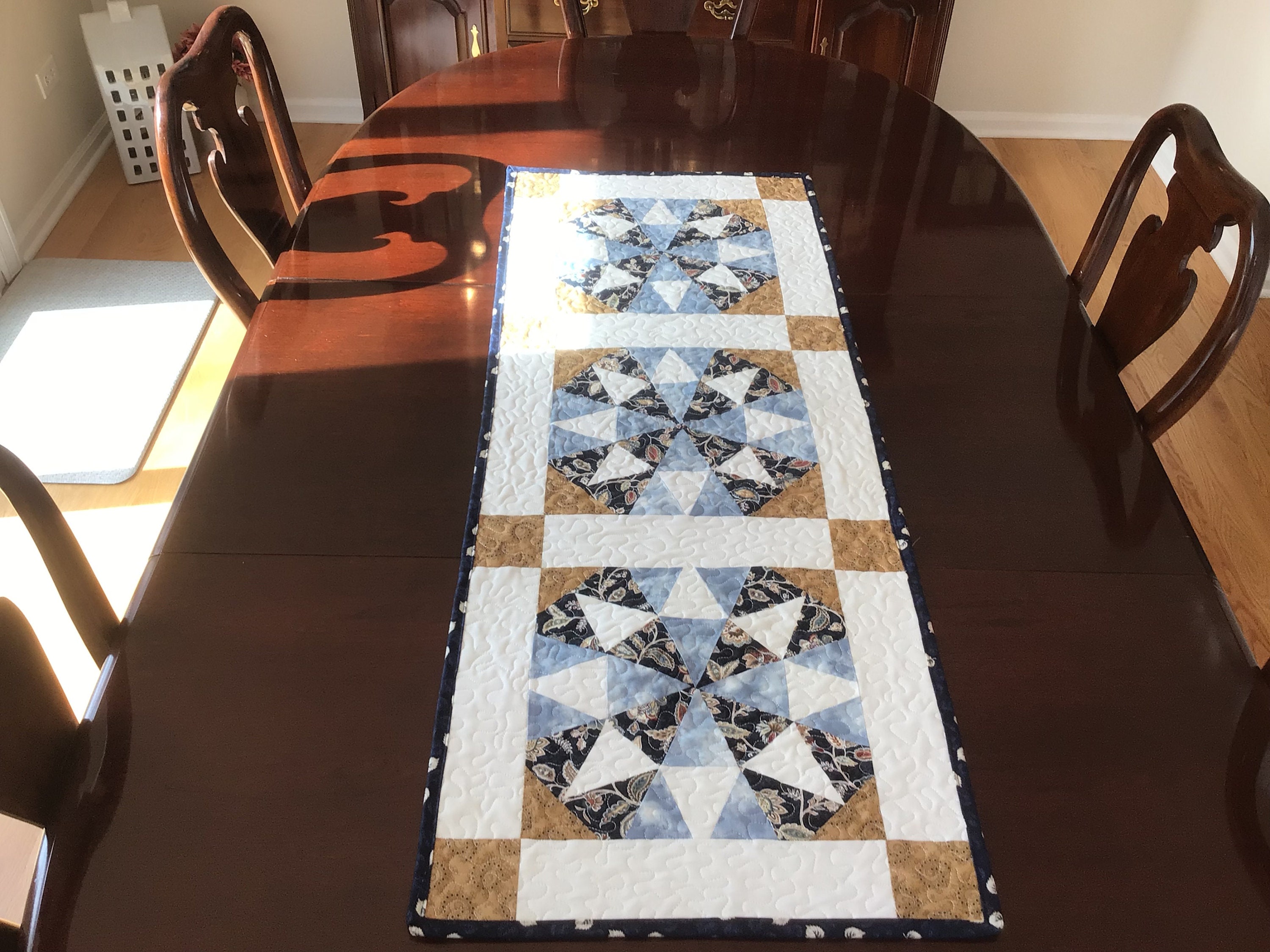 Contemporary Table Runner in Tans and Blues Fabric - Etsy