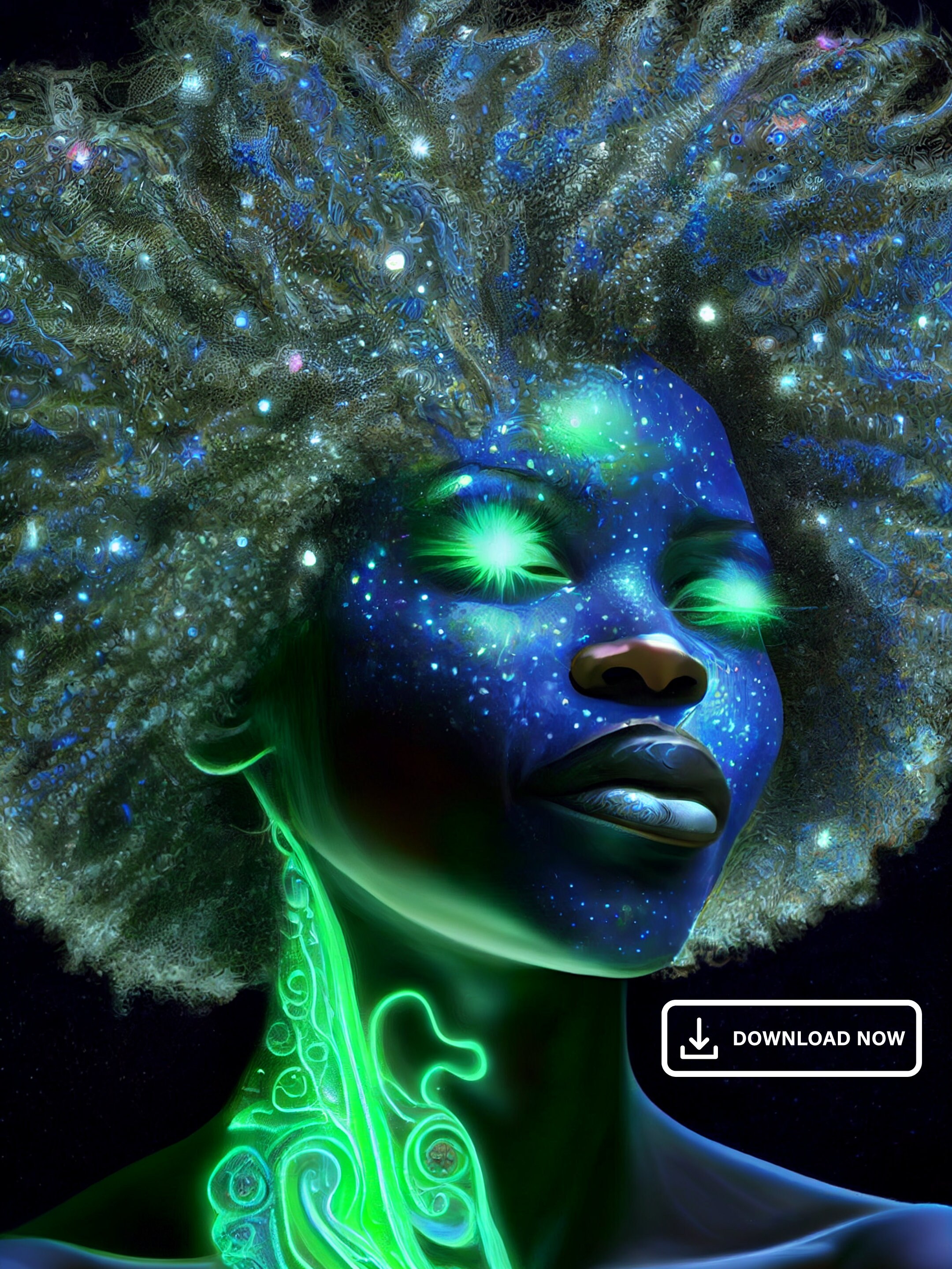 Cosmic Afro Goddess Digital Download Art Print, Instant, Celestial African Queen, Retro Futurism ...