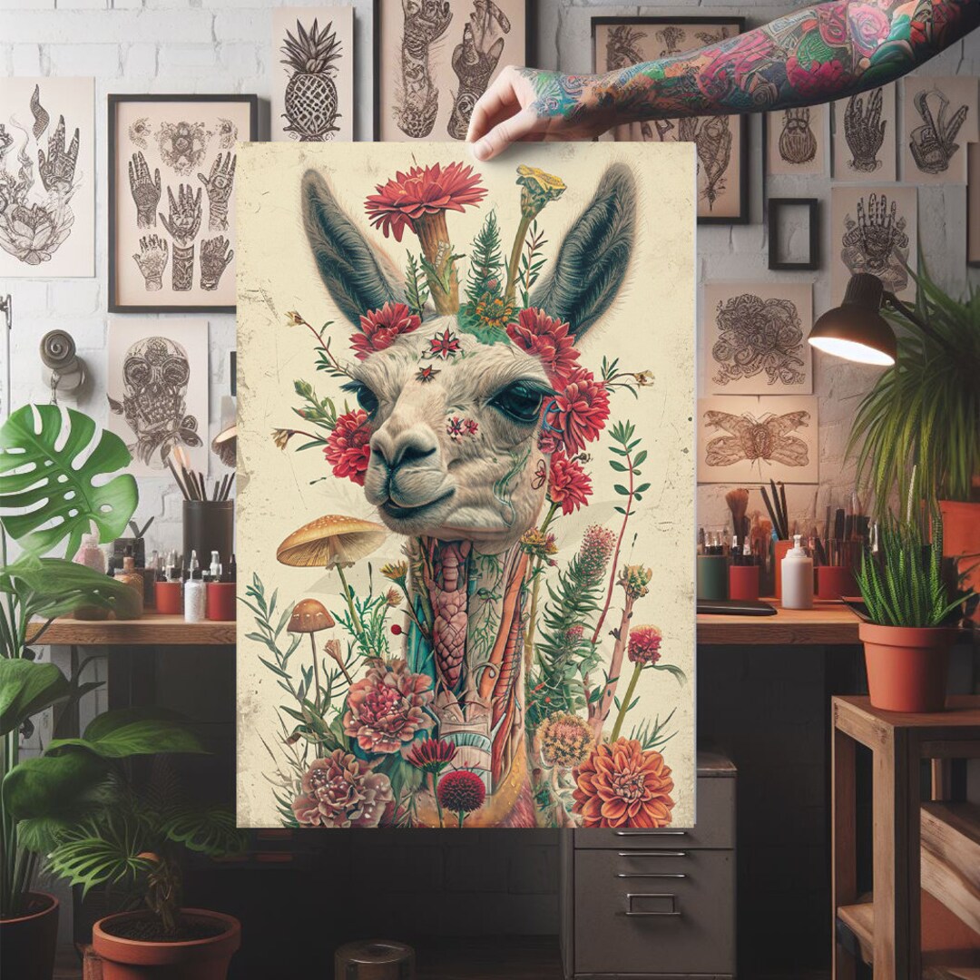 Surreal Llama Art Print, Floral Botanical Illustration, Unique Wall ...