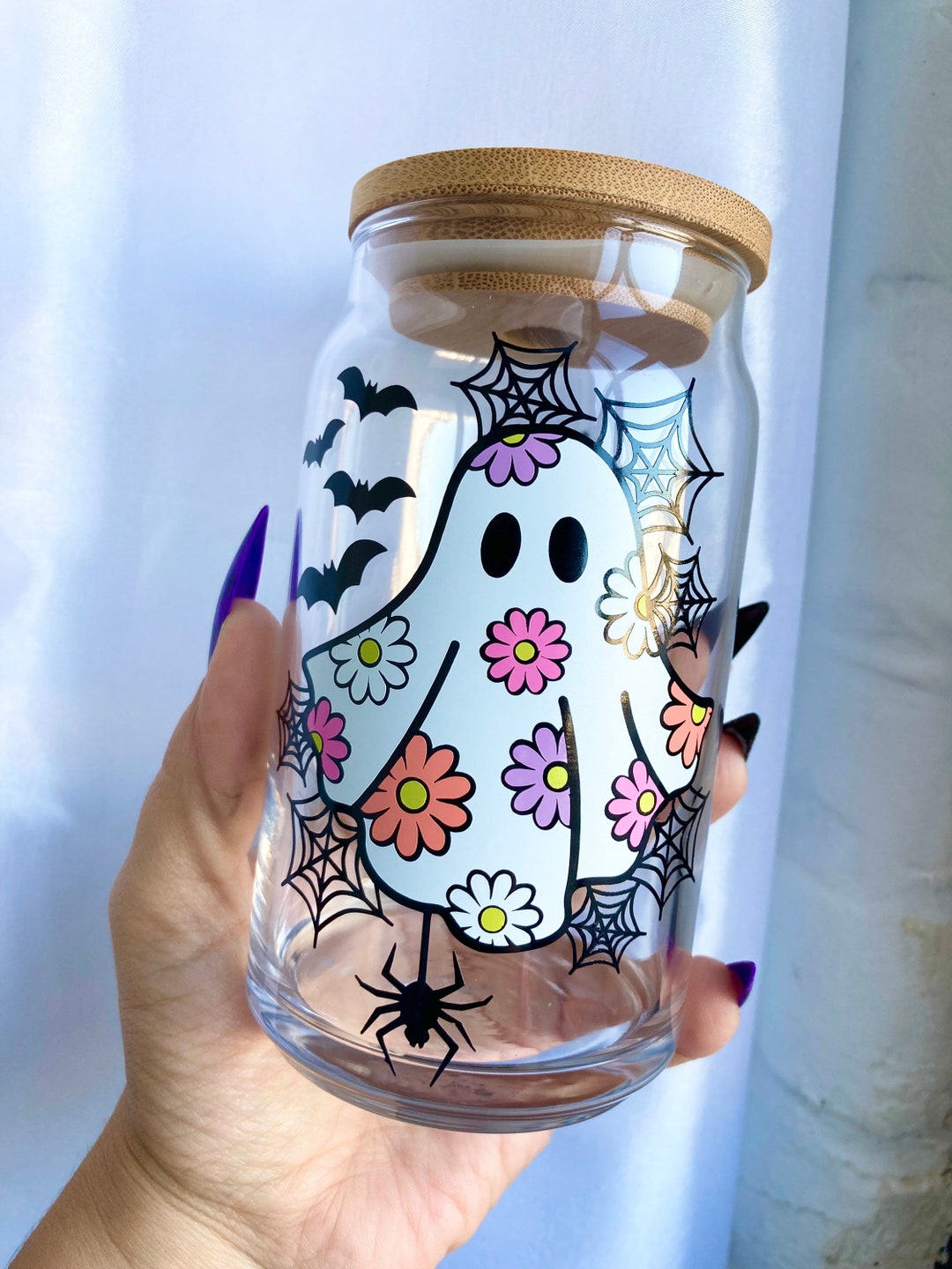 Retro Spooky Glasses ~ Retro Ghost Glass ~ 16 Oz Glass Tumbler With Lid ...