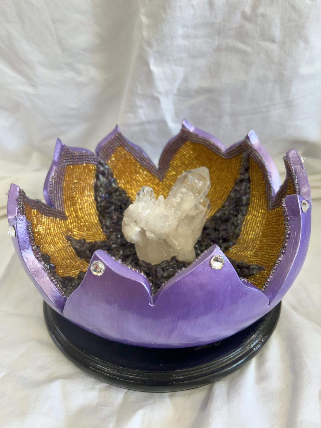 Large Purple Gourd Beaded Bowl With Amethyst Chips and Large Quartz ...