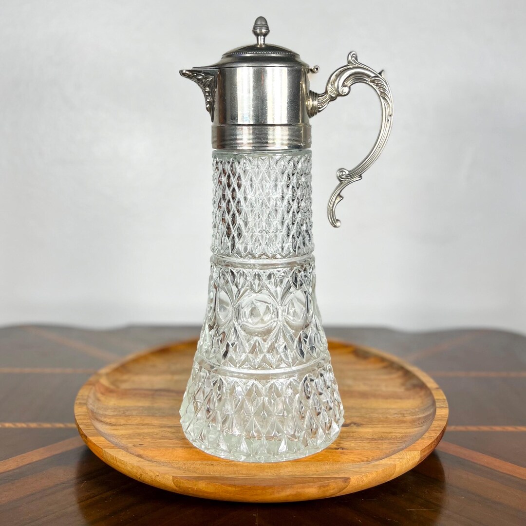 Antique EAPG Silver Plated Decanter – Ornate Glass Pitcher With Diamond ...