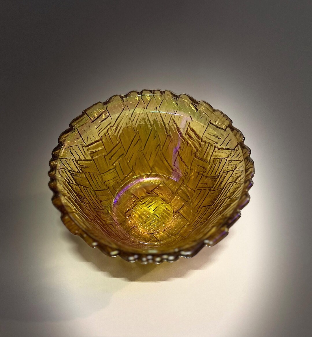 Vintage Marigold Carnival Glass Bowl – Basketweave Pattern, Scalloped ...