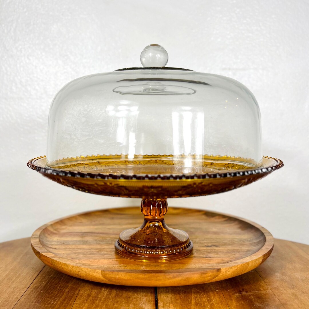 Tiara Amber Sandwich Glass Cake Stand With Dome - Etsy