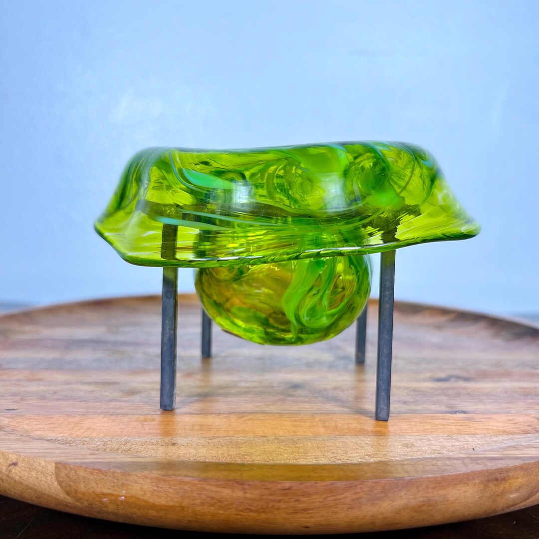 Vintage Garcia Artware Green Glass Trinket Holder With Metal Stand: Mid ...