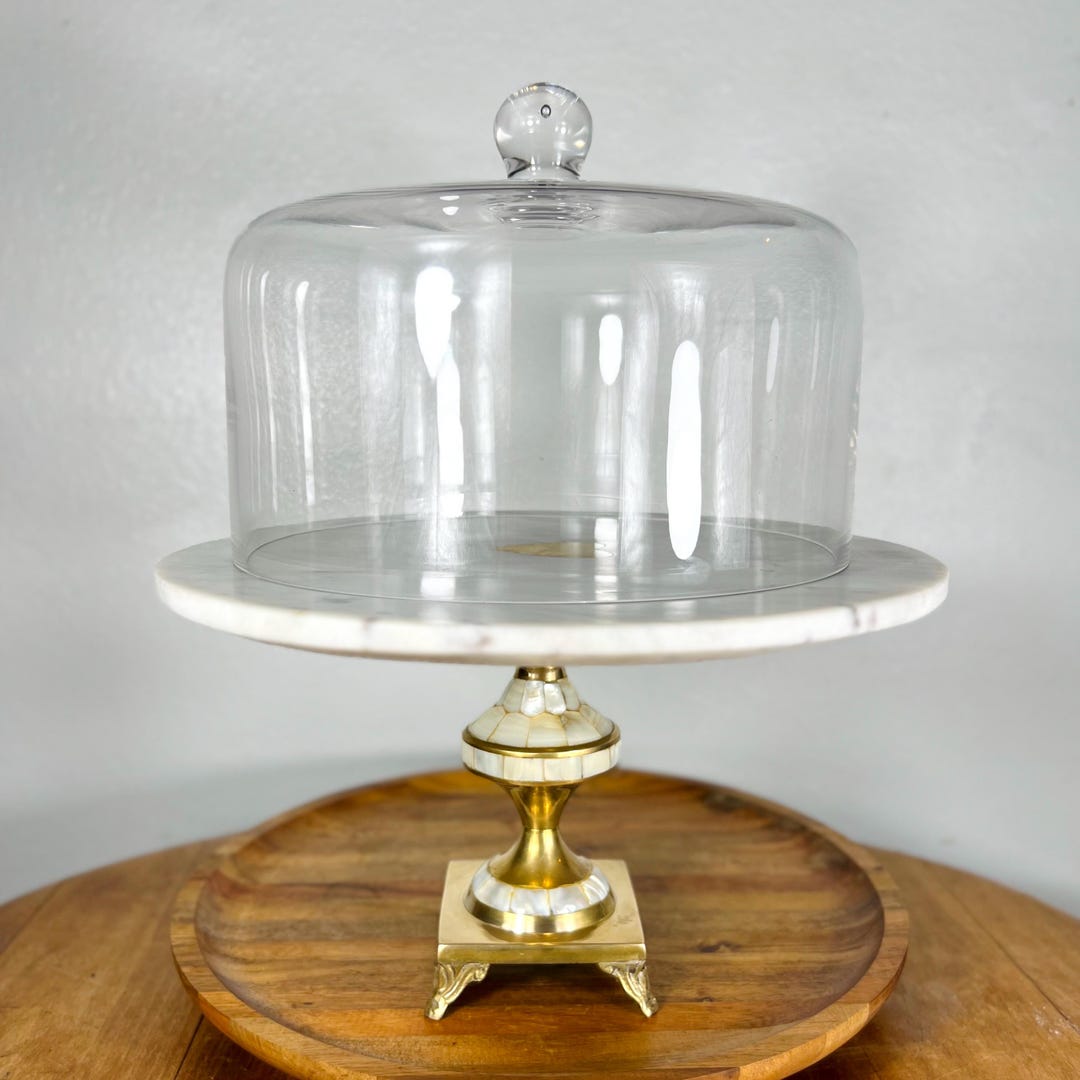Ornate Gold Brass Abalone Inlay Cake Stand With Dome - Marble Heart - Etsy