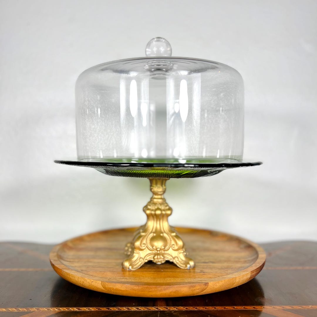 Avocado Green and Ornate Gold Pedestal Cake Stand With Dome - Etsy