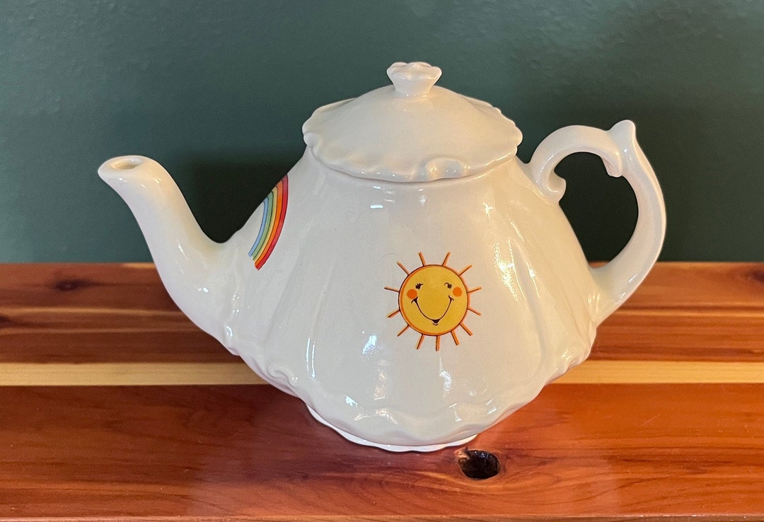 Sun Moon and Rainbow Teapot Ceramic Play Kettle White Ceramic Shabby ...