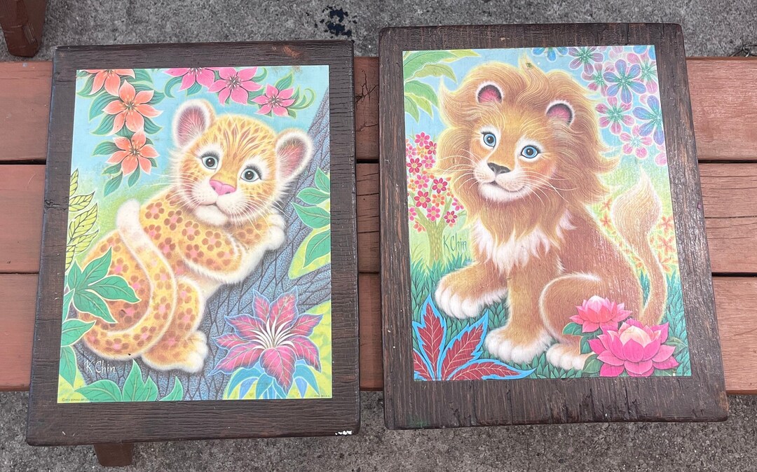 Bright Animal Print K Chin Art Vintage Art Decor Lion Tropical Flowers ...