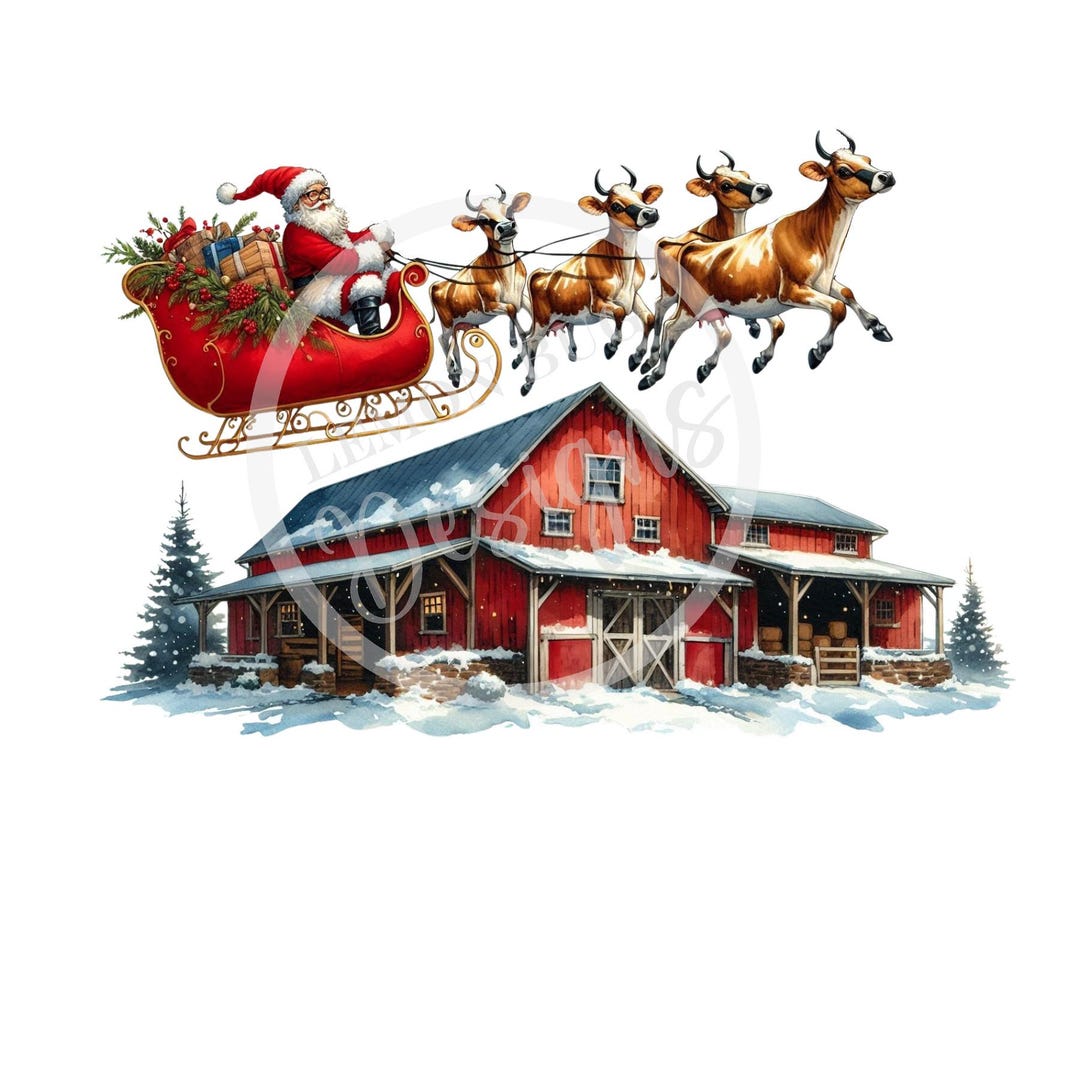 Country Santa Claus Png, Cows Png ,christmas Png, Red Barn Png ...