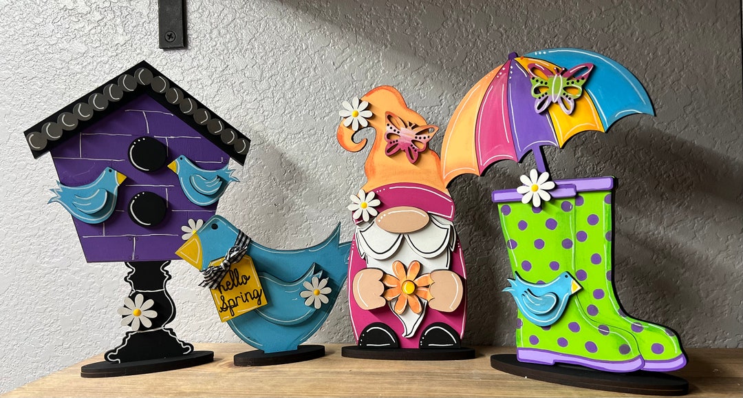 Spring Shelf Sitters - Rain Boots and Umbrella, Birdhouse, Spring Gnome ...