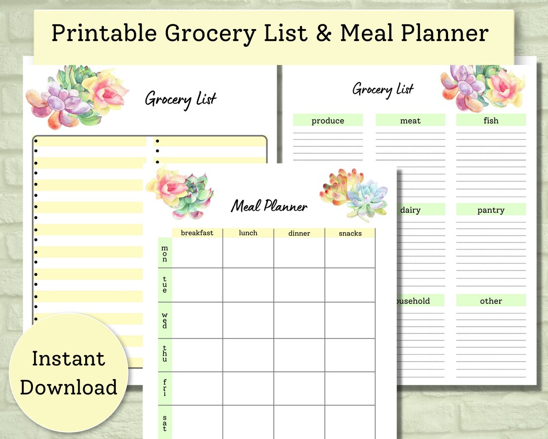 Printable Meal Planner, Downloadable PDF, Food Shopping Checklist ...