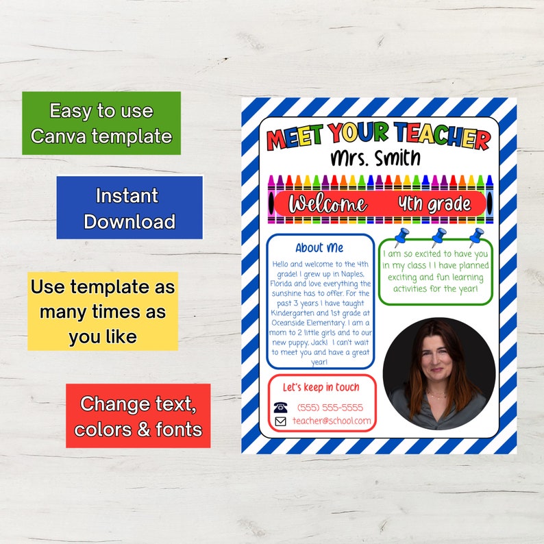 Editable Meet Your Teacher Template: Printable Teacher Bio (8.5 X 11 ...