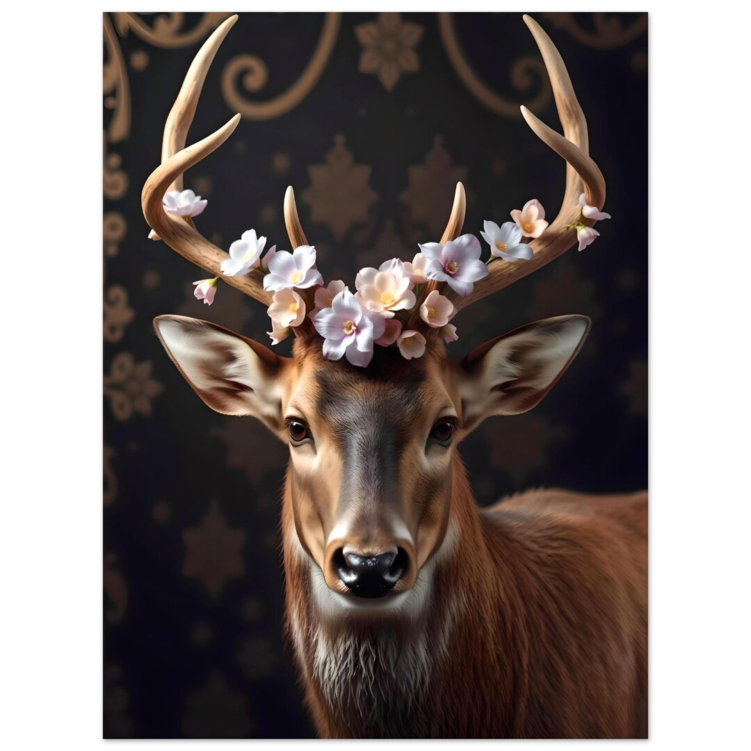 Realistic Deer Poster, Portrait Deer Head With Flowers on Antlers, Wall ...