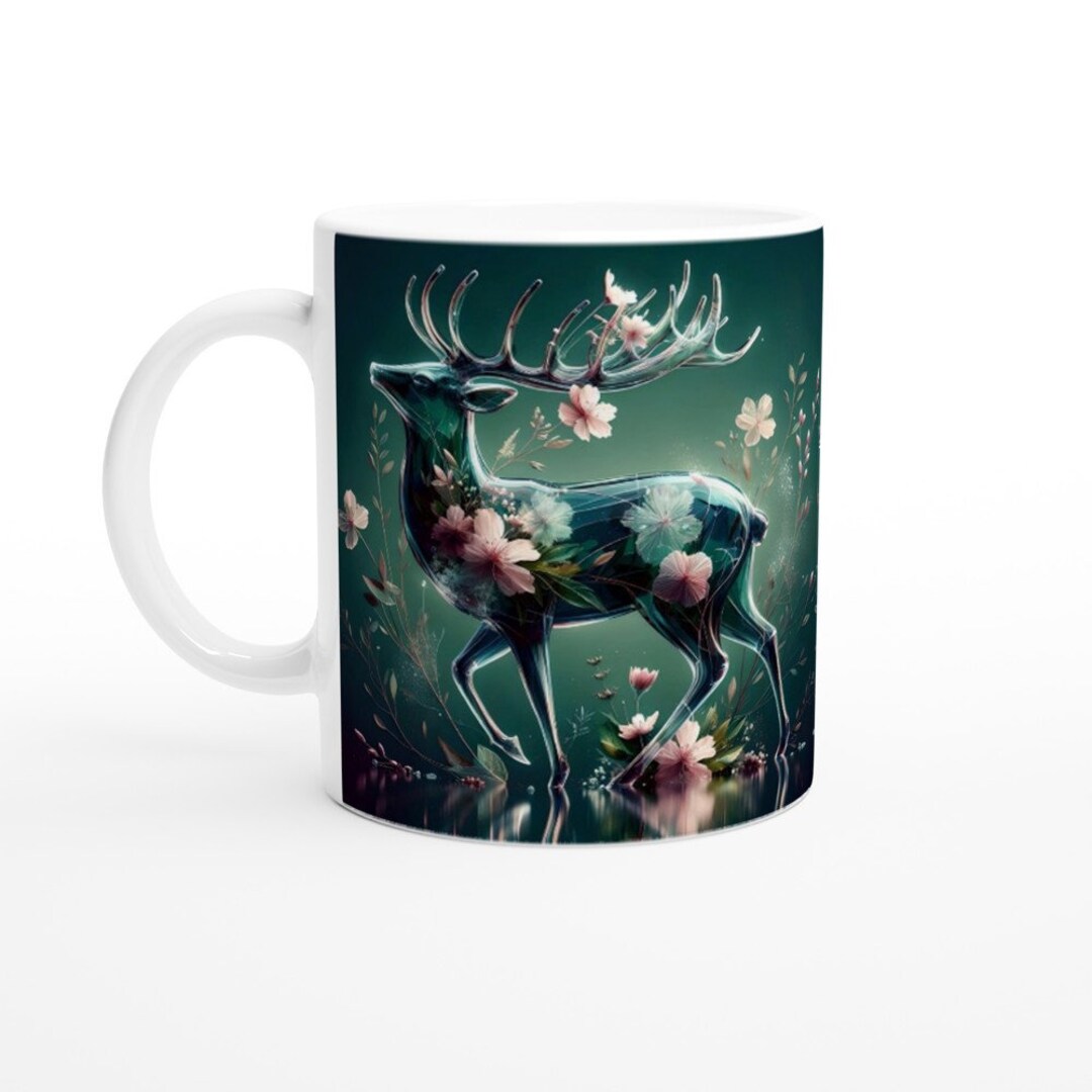 Ceramic Mug With Deer, Dark Green, Beautiful Design, Coffee Mug Deer ...
