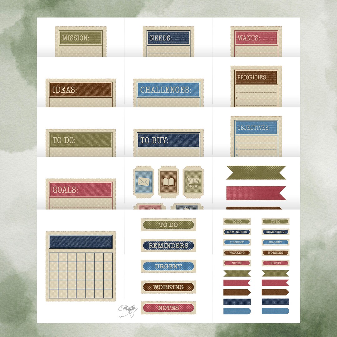 Set of 15 Cute Simple Organizer Chart Planner Sheets With Stamps & Tags ...