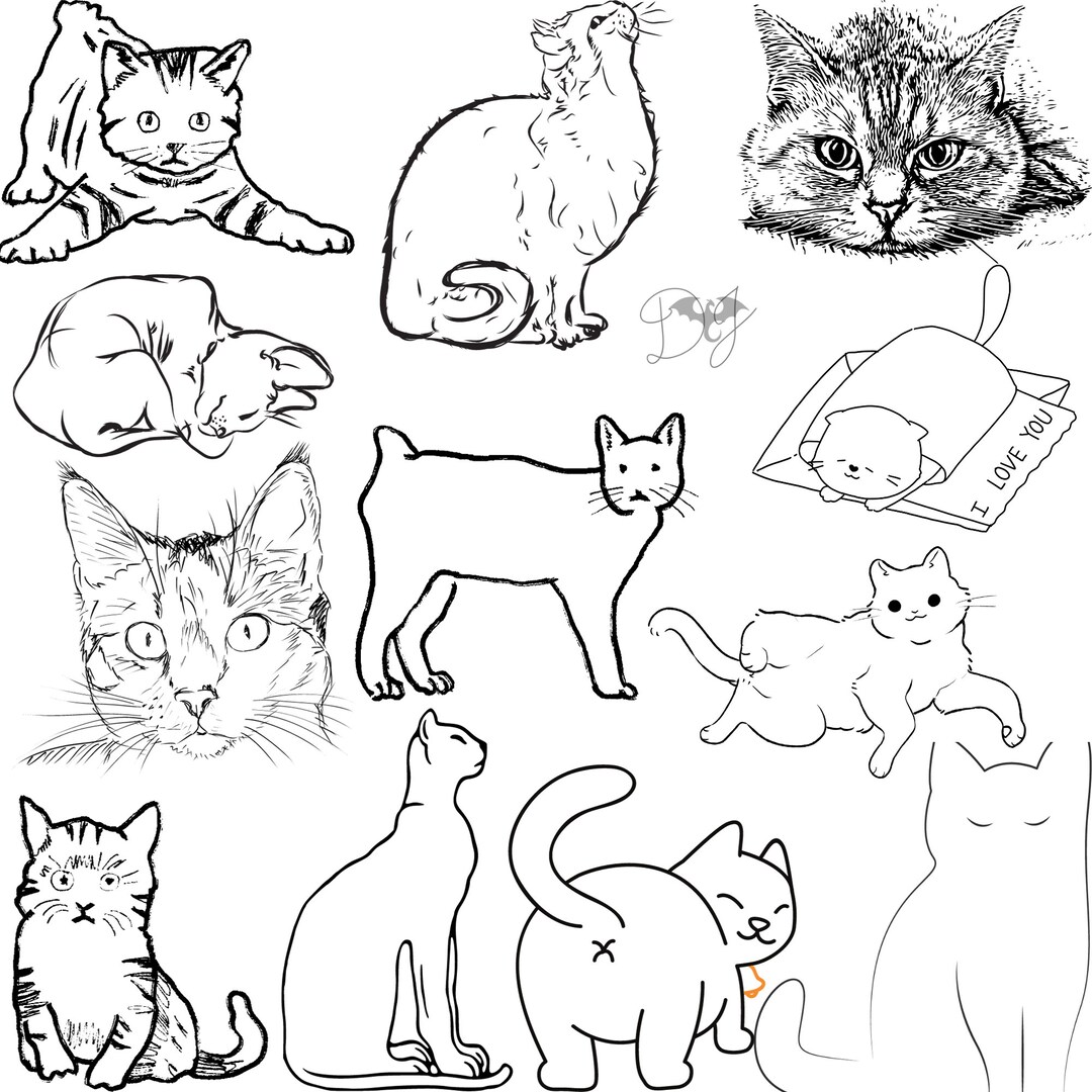 Set of 12 Cute Cat Coloring Pages Digital Download Printable - Etsy