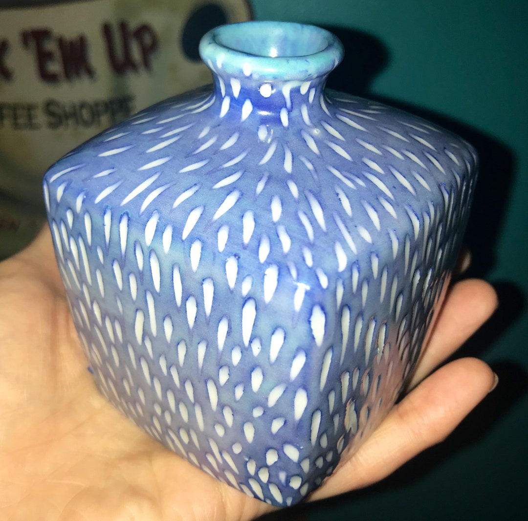 Hand Carved Sgraffito Ceramic Square Vase With Painted With Shades of ...