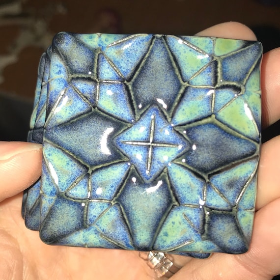 2x2 Blue Green Glazed Handmade Ceramic Tile for - Etsy