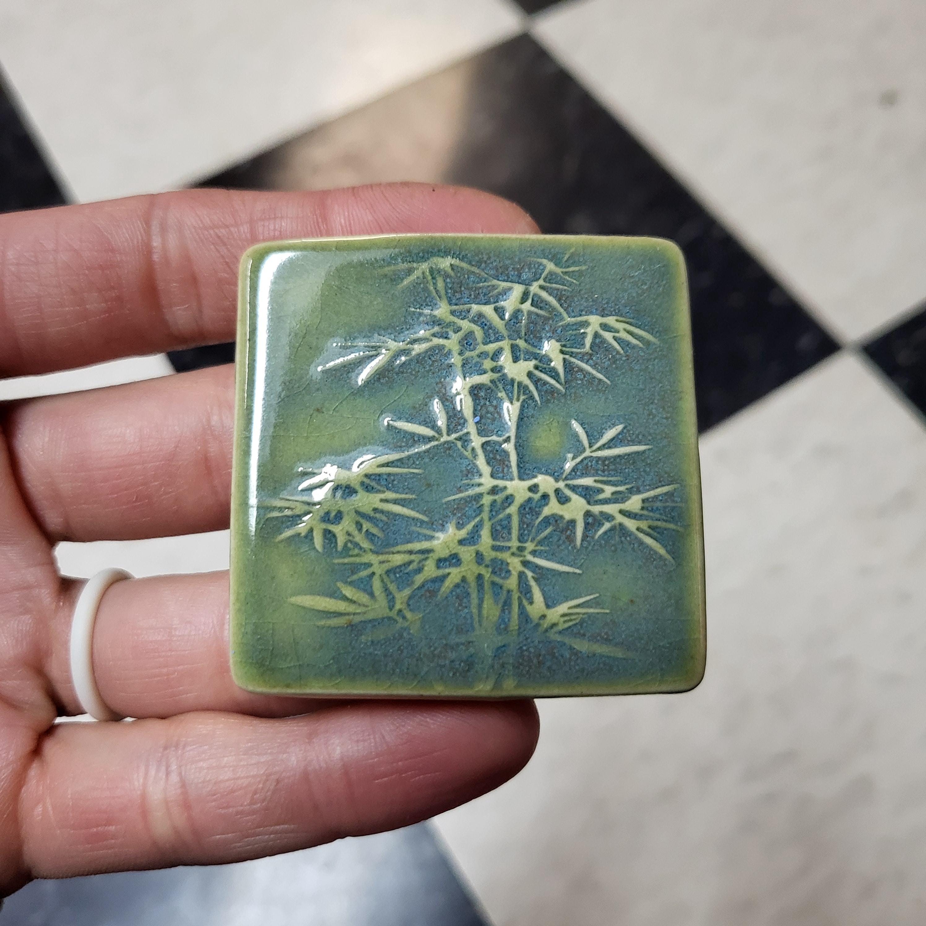 2"x2" Green Bamboo Nature Inspired Handmade Ceramic Tile for Backsplash ...