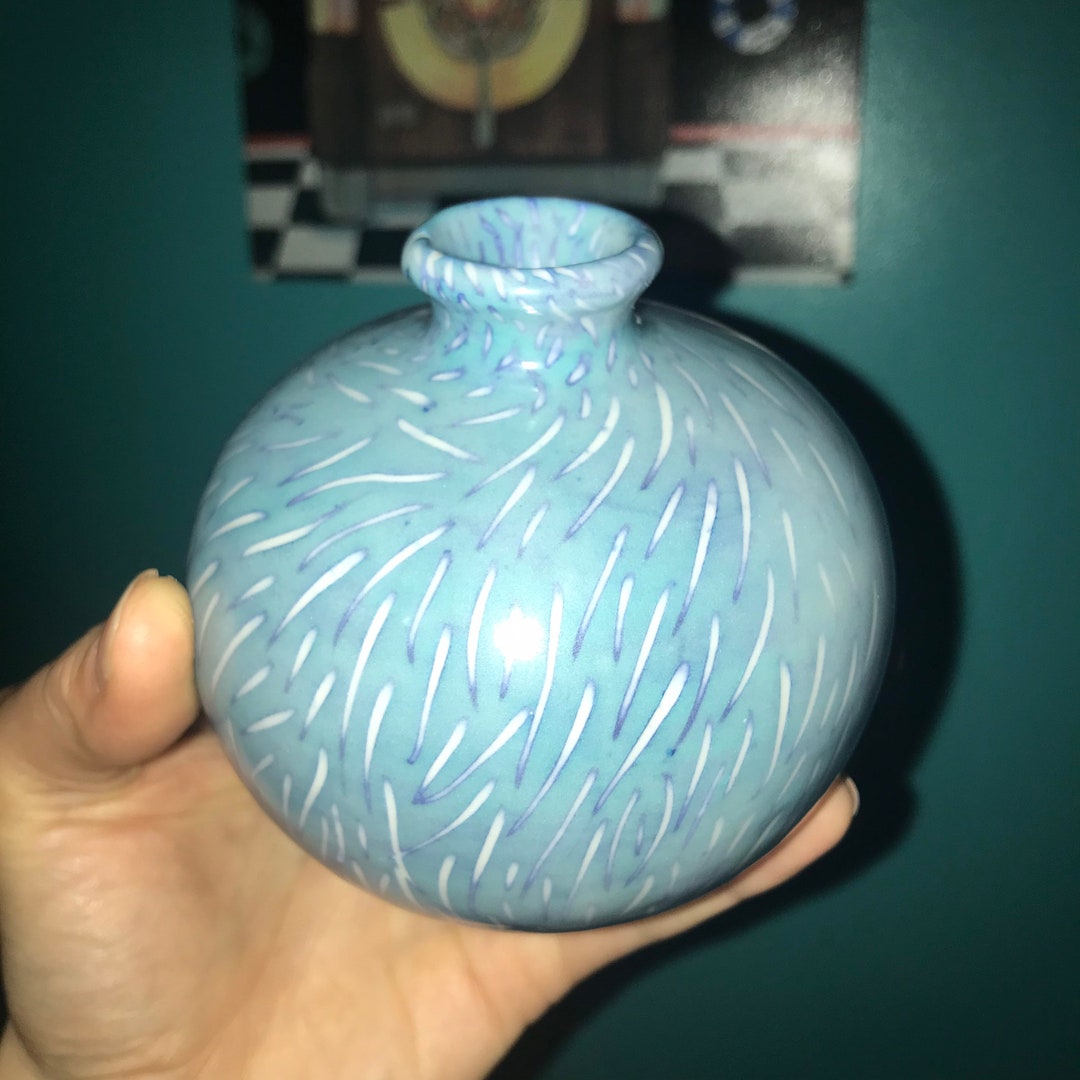 Hand Carved Sgraffito Ceramic Vase With Painted With Shades of Blue ...