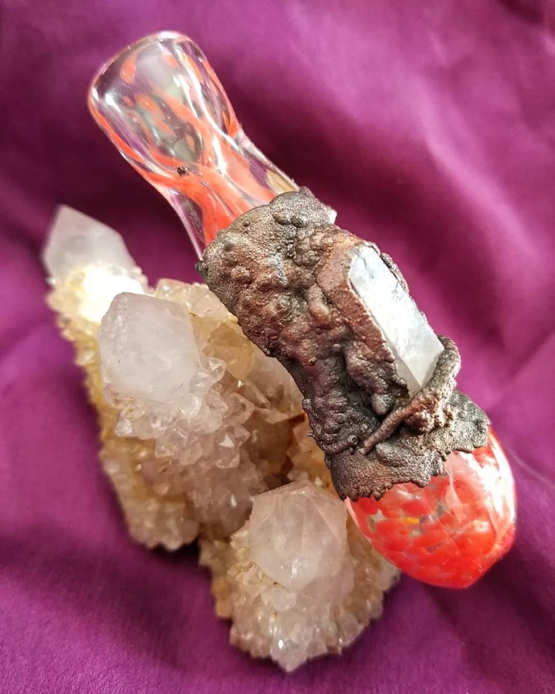 Red Glass Smoking Pipe With Copper and Quartz Crystal - Etsy