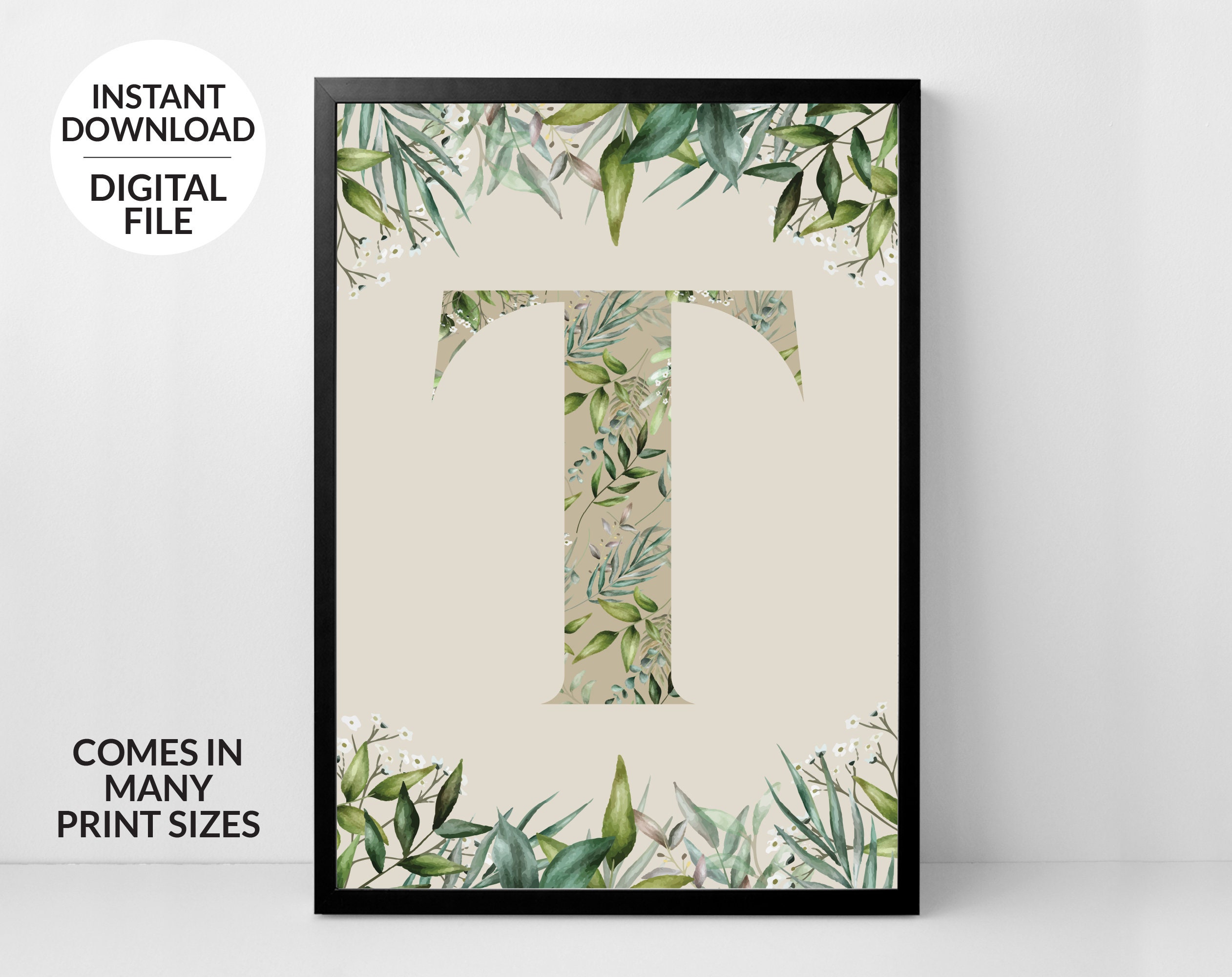 T Print Leaf Letter T Jungle Wall Art Print Watercolour Bedroom Poster ...