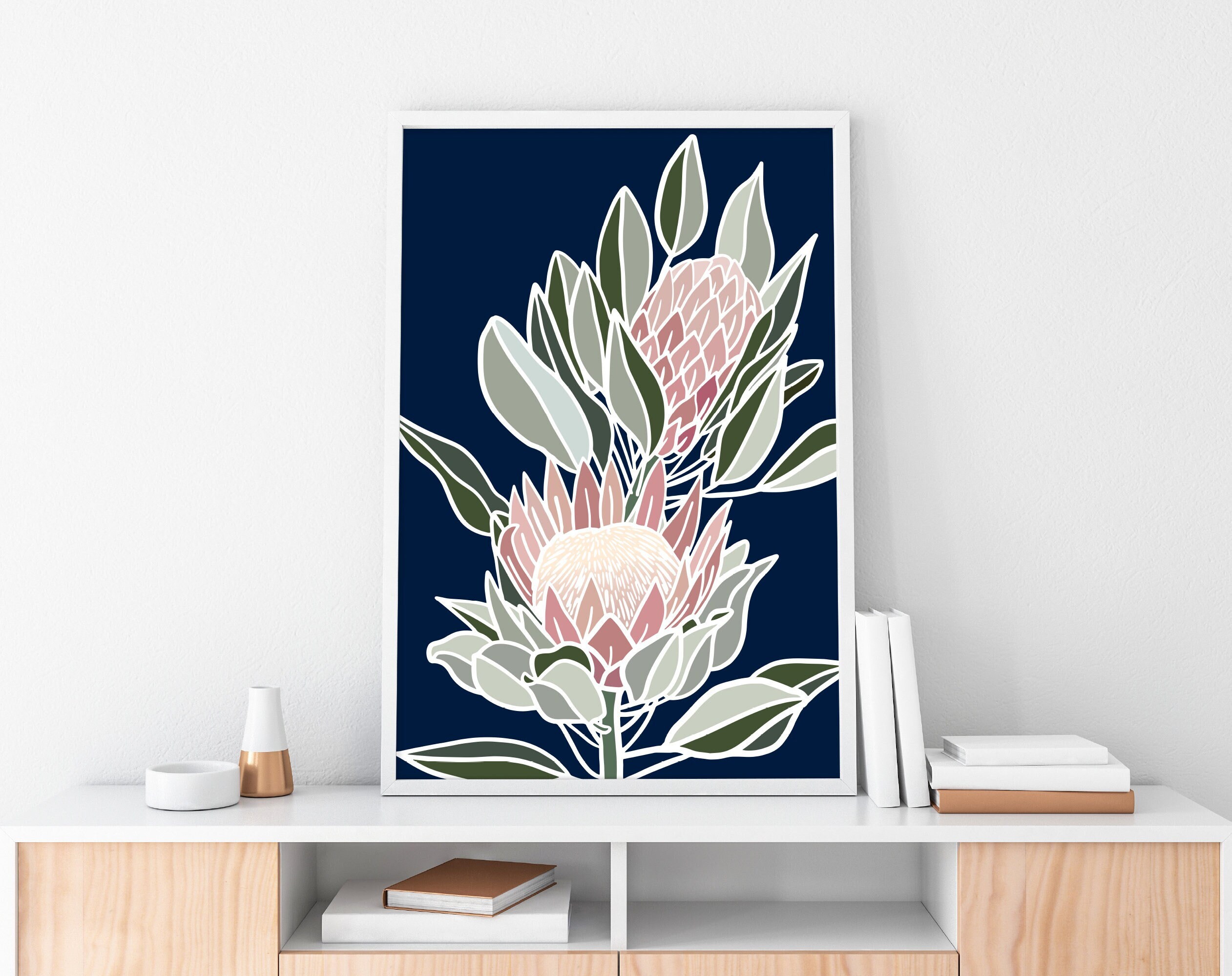 Navy Blue Australian Native Flower Art Print Australian Protea Art ...