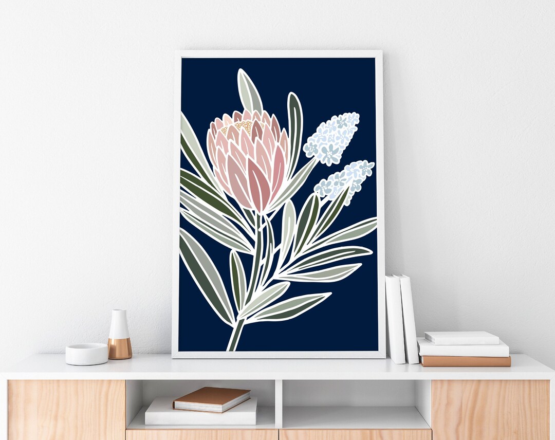 Australian Protea Art Navy Blue Australian Native Flower Art Print ...