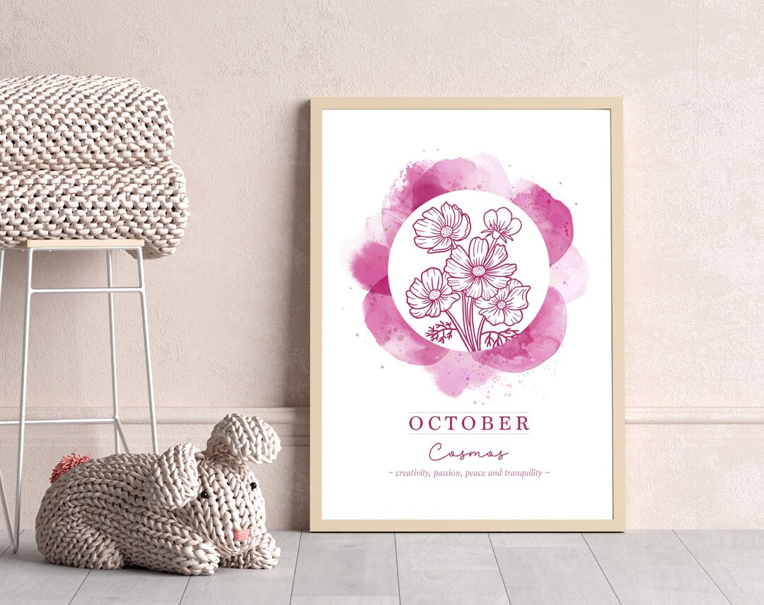 Pink Birth Print Birth Art Cosmos Flower Print October Birth Print ...