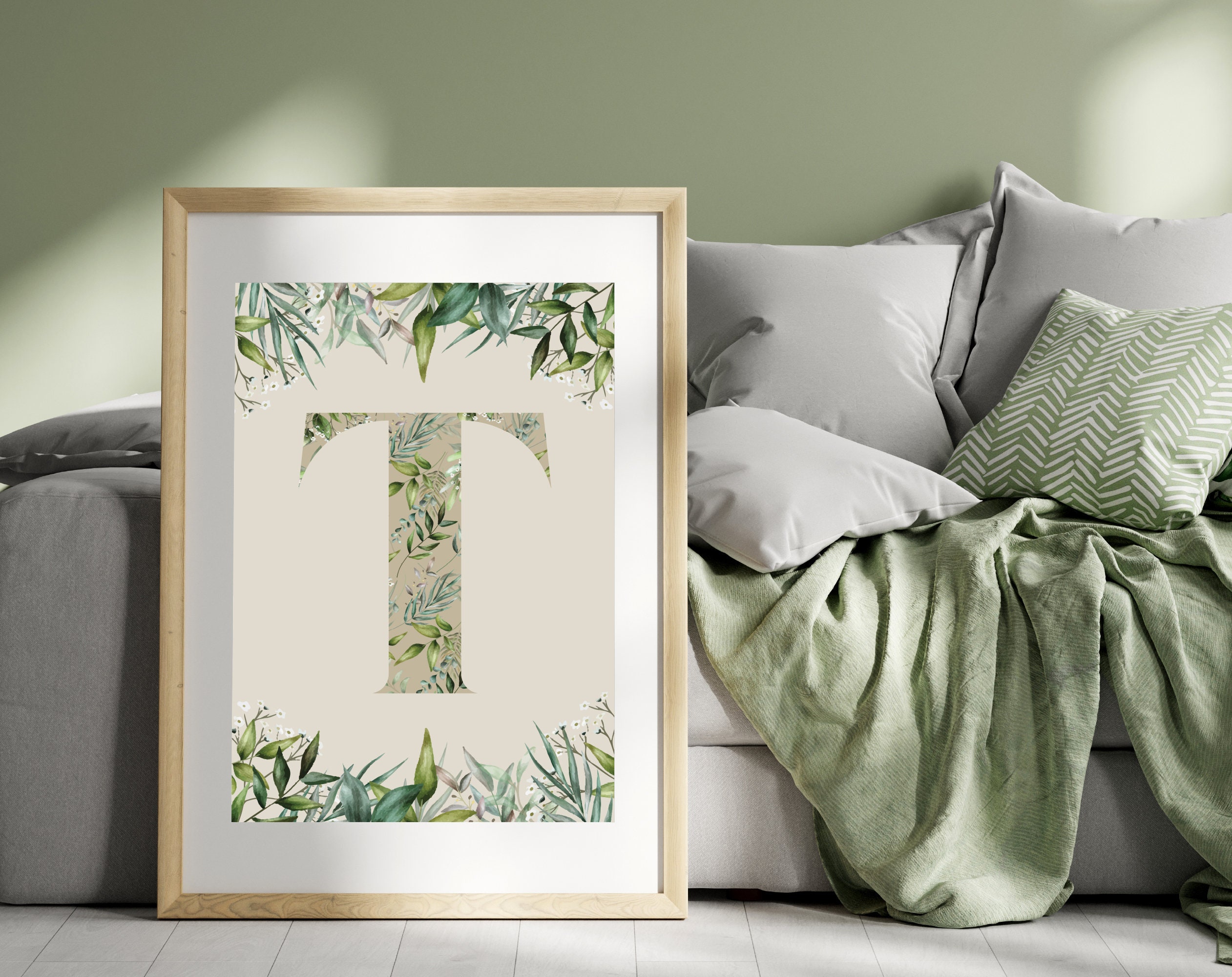 T Print Leaf Letter T Jungle Wall Art Print Watercolour Bedroom Poster ...