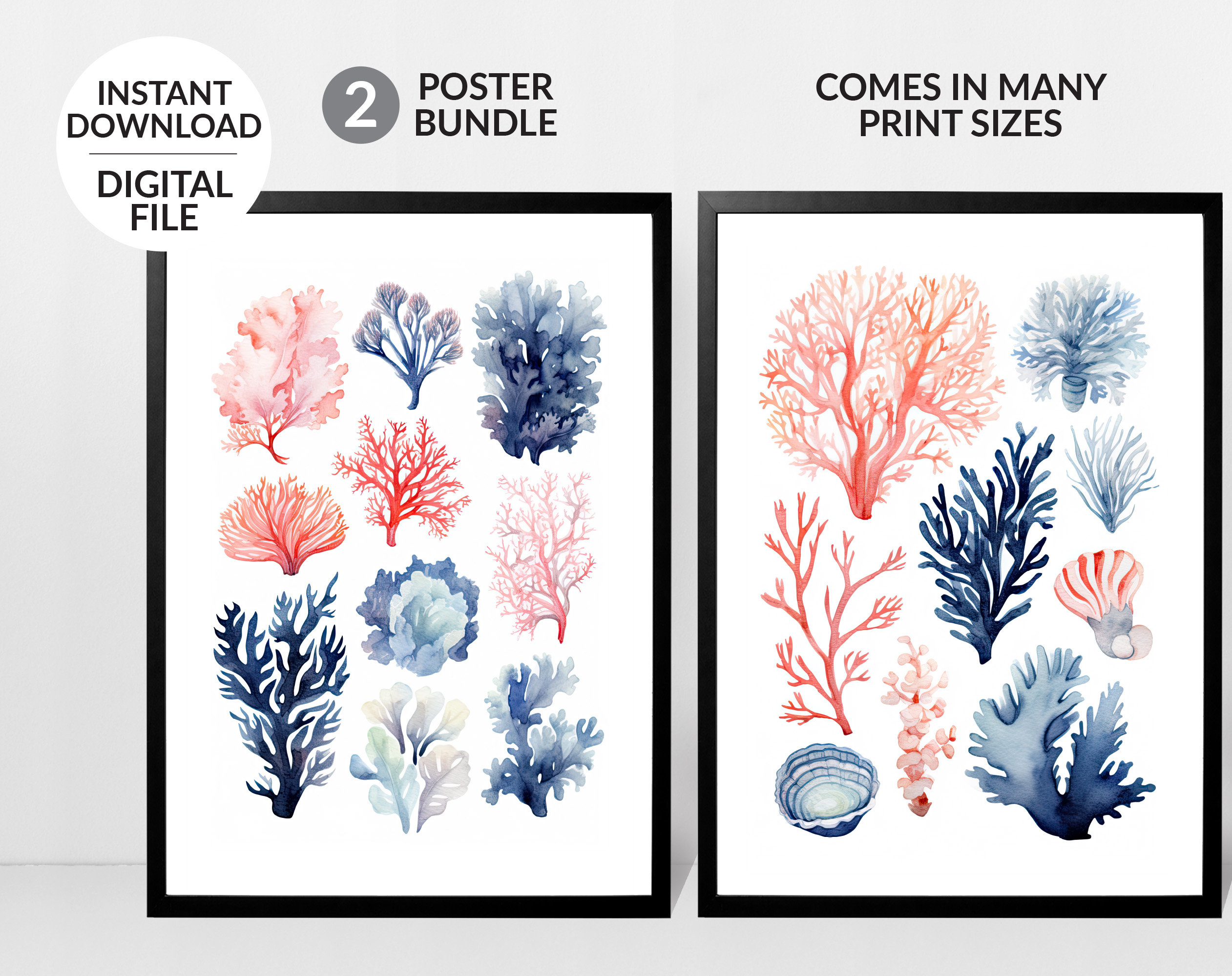 Pink and Blue Coral Print Ocean Prints Beach House Wall Art Seaweed ...