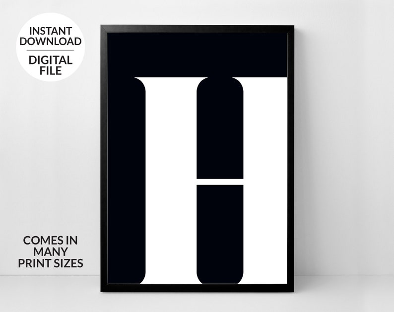 Black Letter H H Poster Single Letter Print H Initial Artwork H Print ...