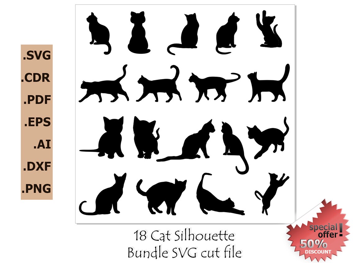 Cat Svg File Bundle - 18 Cats Silhouette SVG - CDR - Dxf - Png - Ai ...