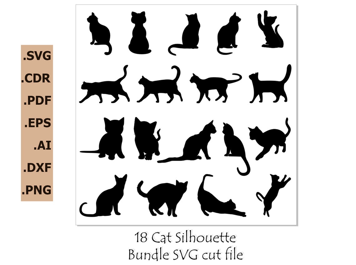 Cat Svg File Bundle - 18 Cats Silhouette SVG - CDR - Dxf - Png - Ai ...