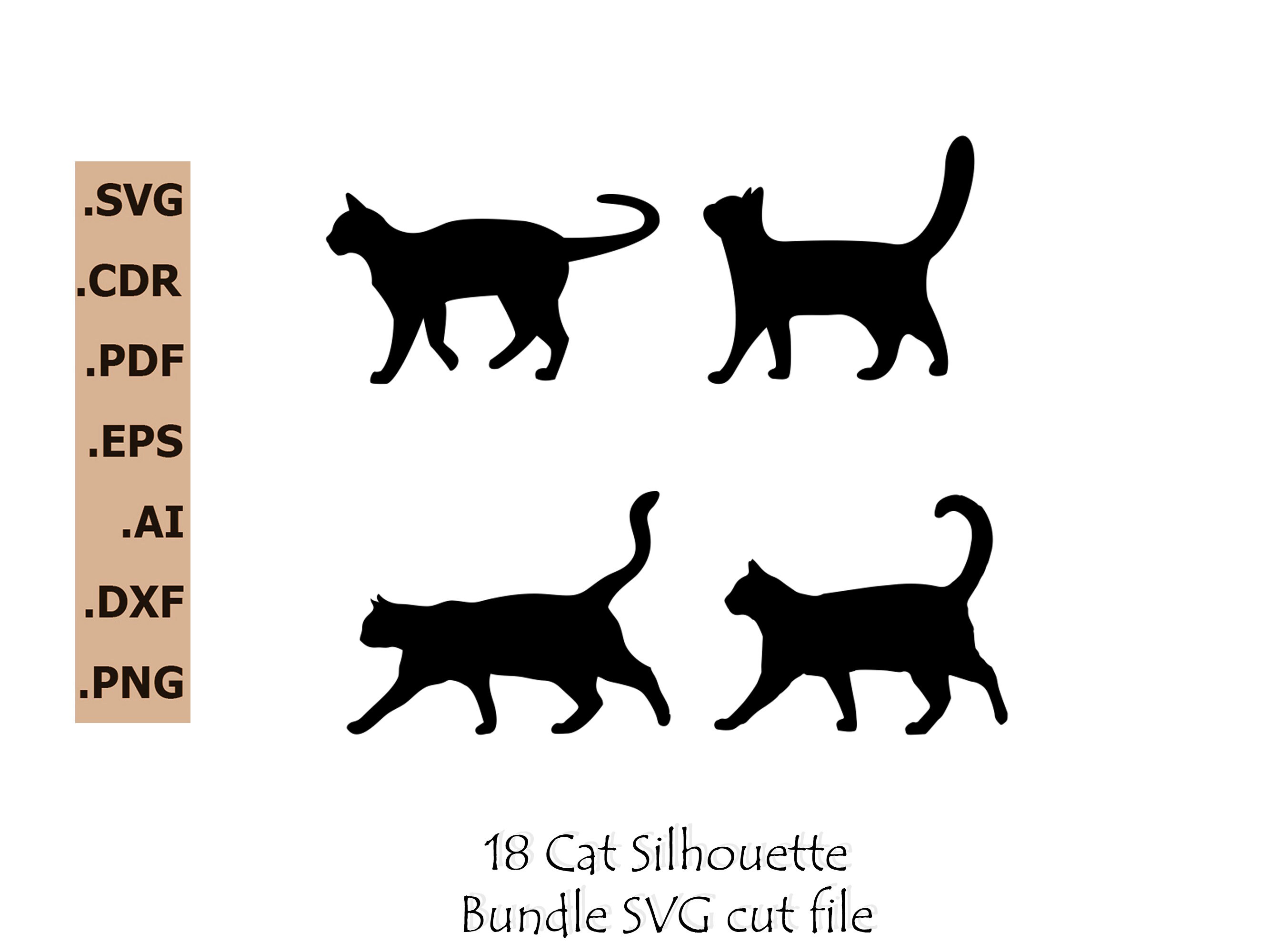 Cat Svg File Bundle - 18 Cats Silhouette SVG - CDR - Dxf - Png - Ai ...