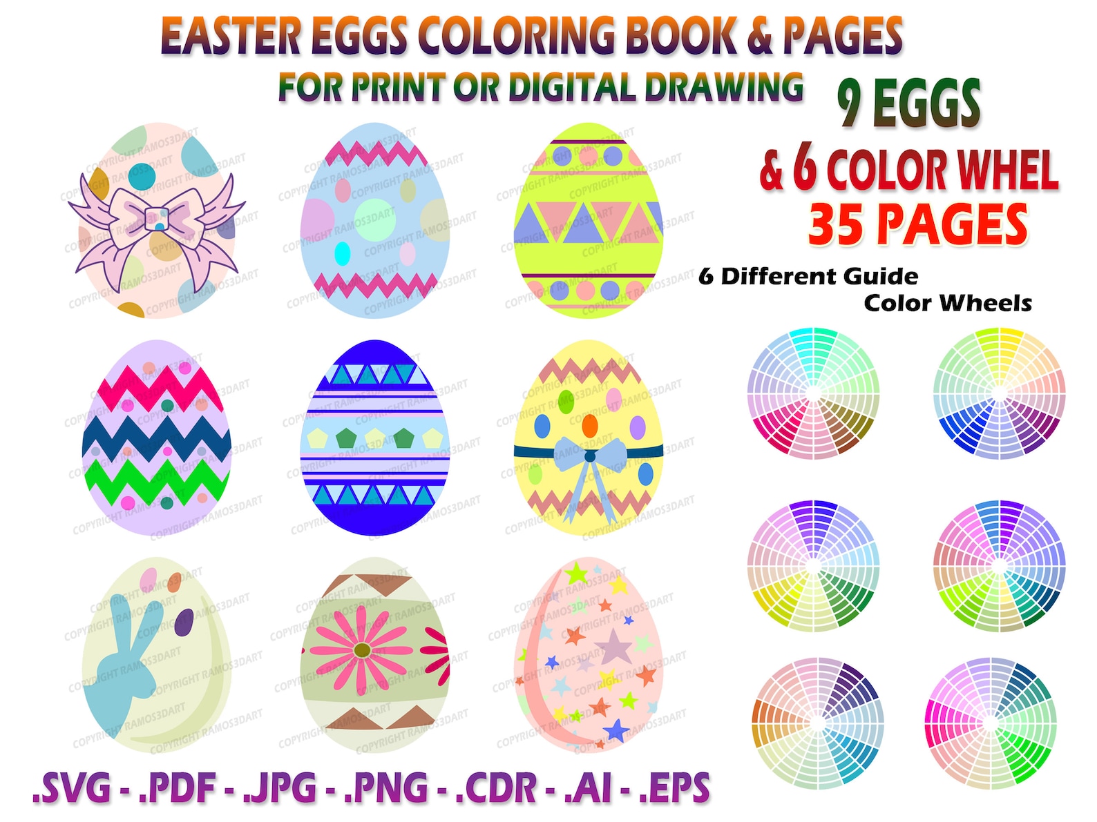 9 Different Easter Eggs and 6 Color Wheels, Easter Coloring Book and ...