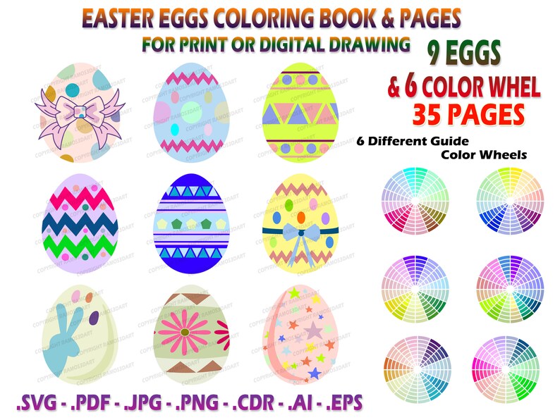 9 Different Easter Eggs and 6 Color Wheels, Easter Coloring Book and ...