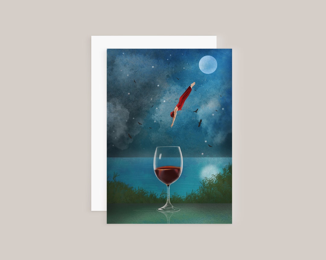 Art Greeting Card to Fold, With Envelope, Surrealism, Red Wine, Jump ...