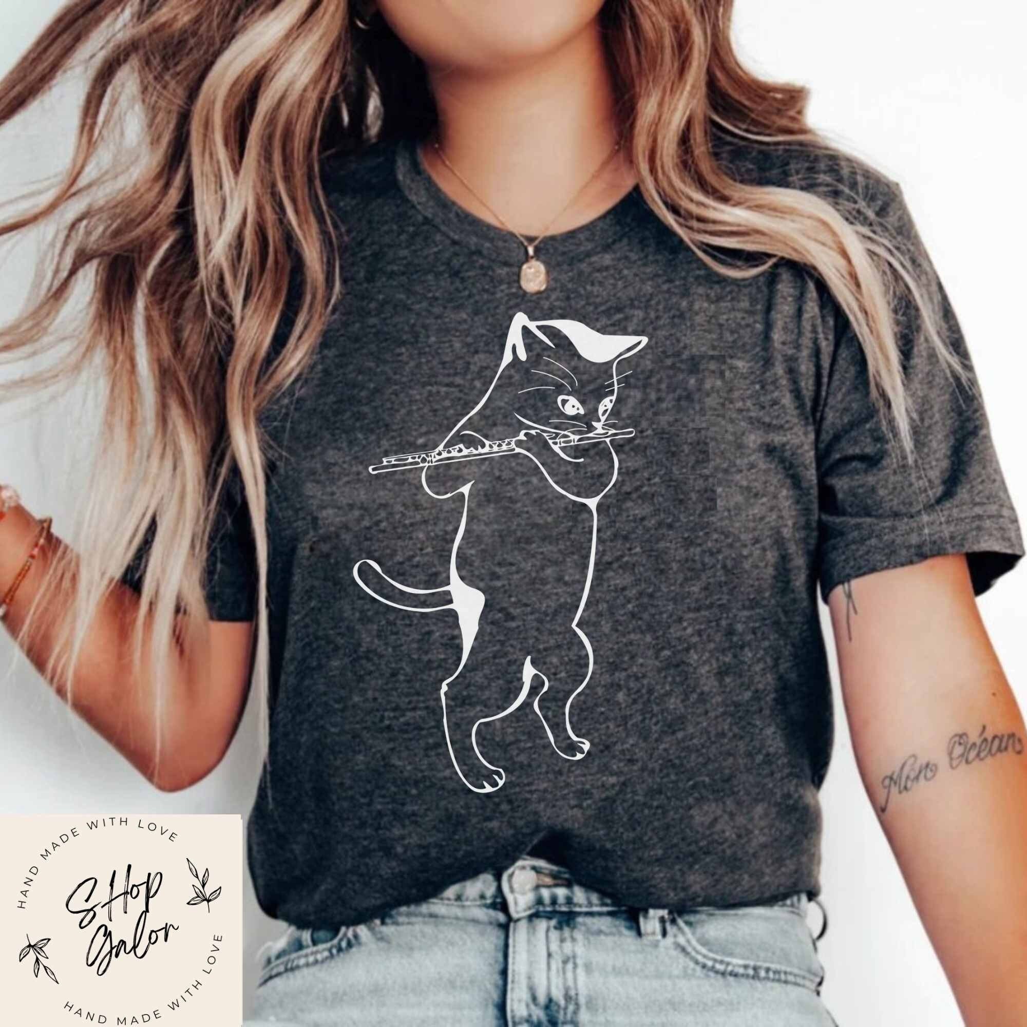 Cat Playing the Flute Shirt, Kitty Loving Flutists Tshirt, Cat Lover ...