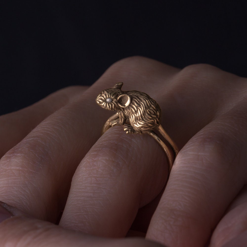 Mouse Rat 18kt Gold and Pearl Animal Ring - Etsy