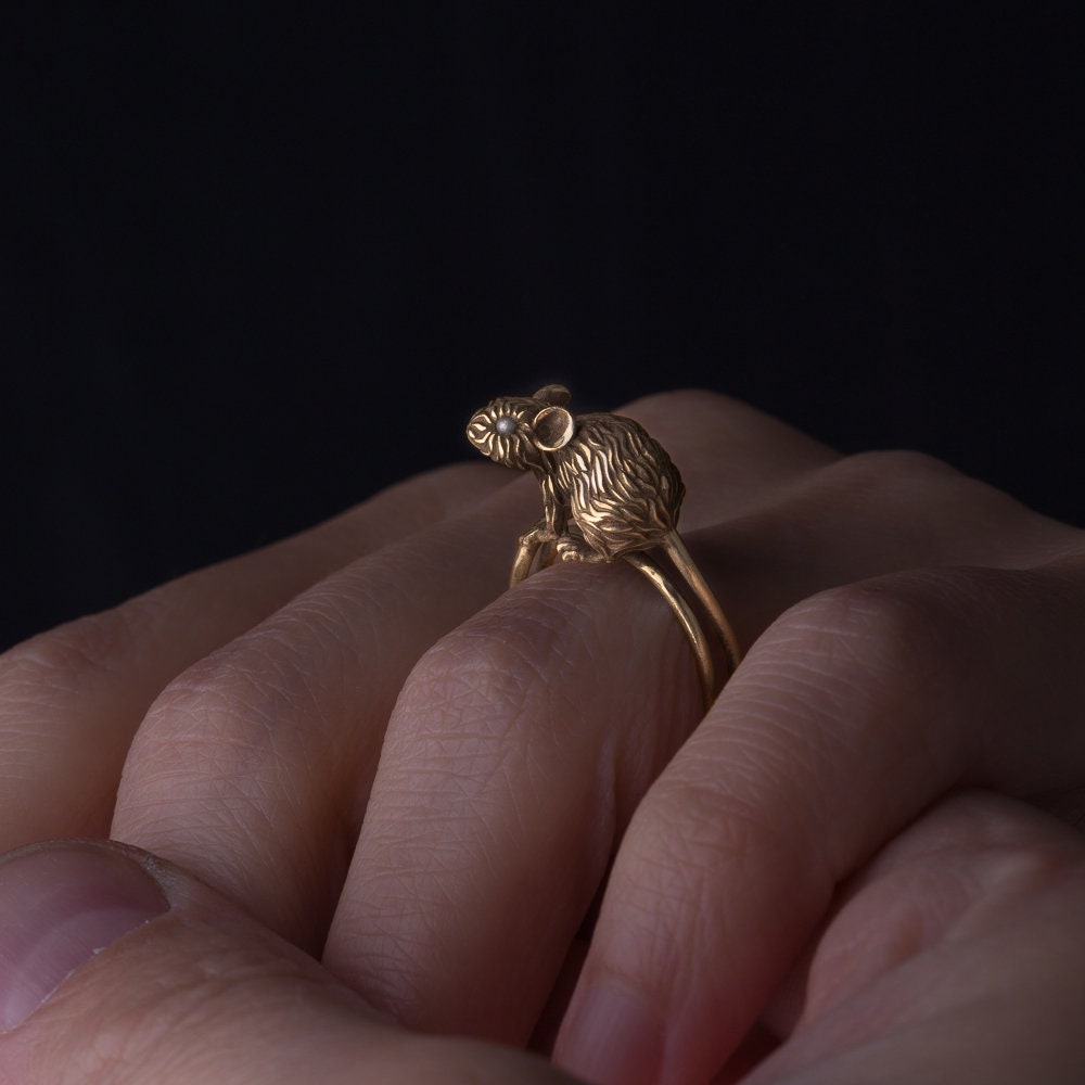 Mouse Rat 18kt Gold and Pearl Animal Ring - Etsy