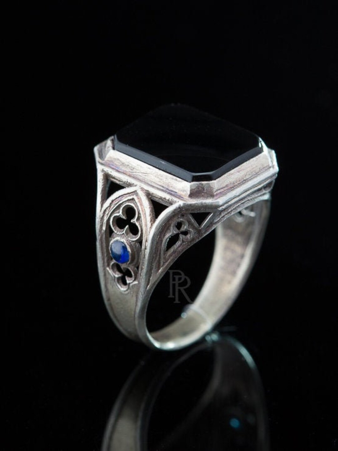 Gothic Antique Style Onyx and Sapphire Statement Signet Ring - Etsy