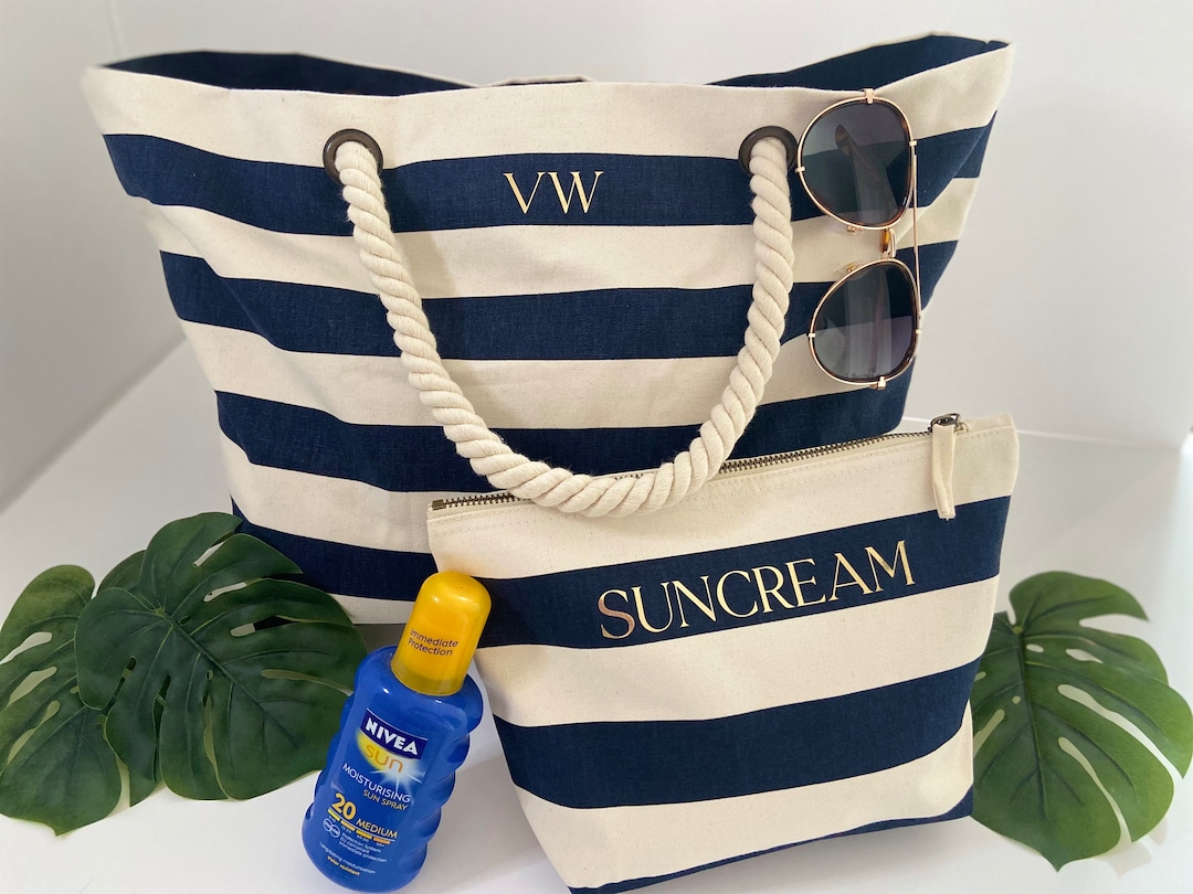 Personalised Striped Canvas Beach Tote With Rope Handles, Sunscreen Bag ...