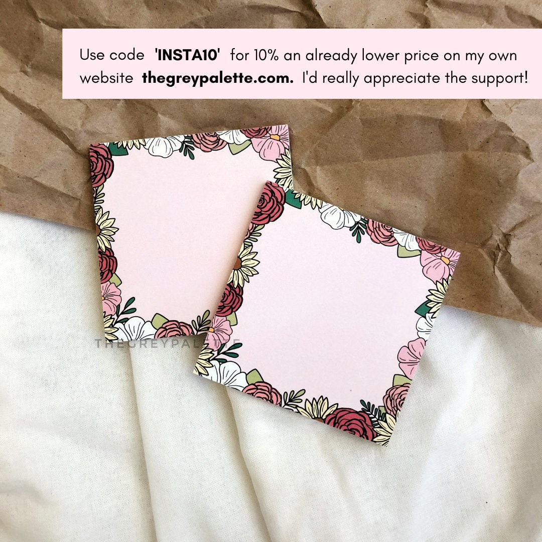 3 X 3 Pink Floral Notepad, Floral Memo Pad, Large Blank Notepad, Cute ...