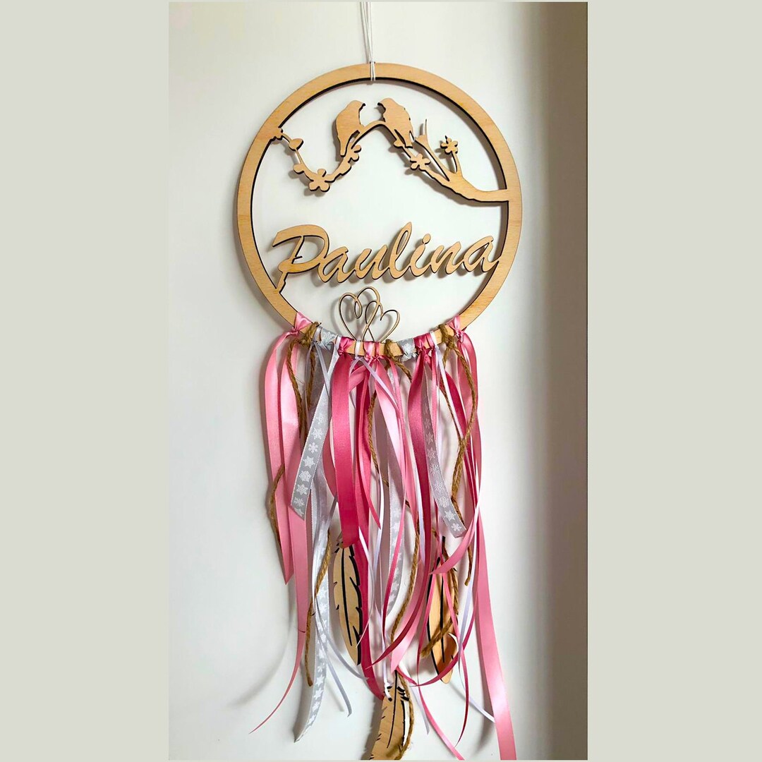 Wooden Dream Catcher - Personalized With Name - Heart Birds Feathers ...