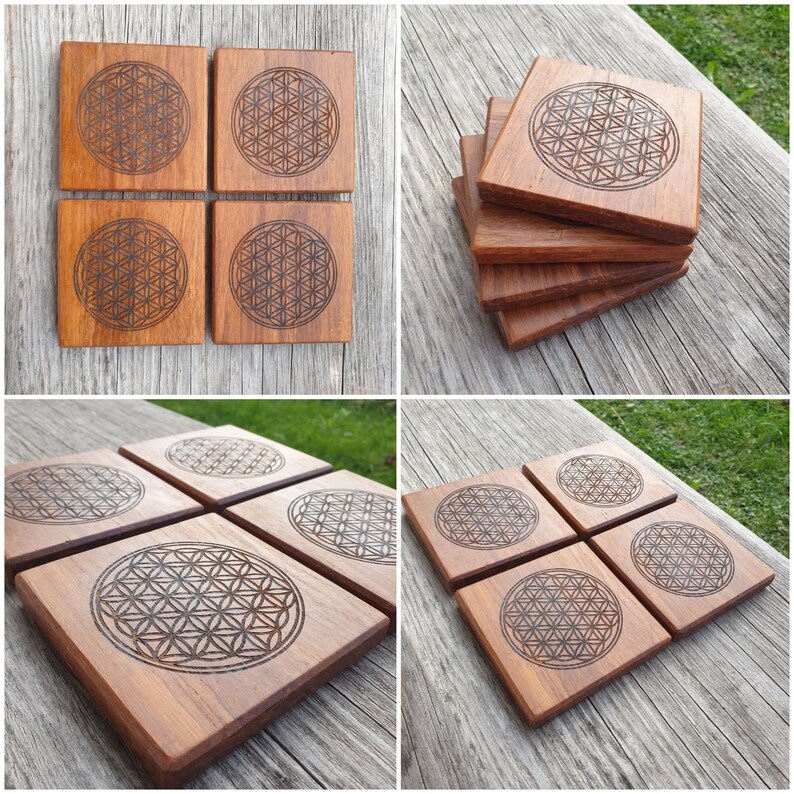 Coaster Set Wood Bamboo Cork Slate Stone Individual Engraving Flower of ...